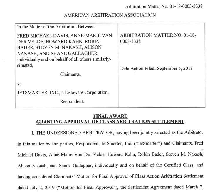 JetSmarter's class action arbitration settlement was approved July 11, 2019
