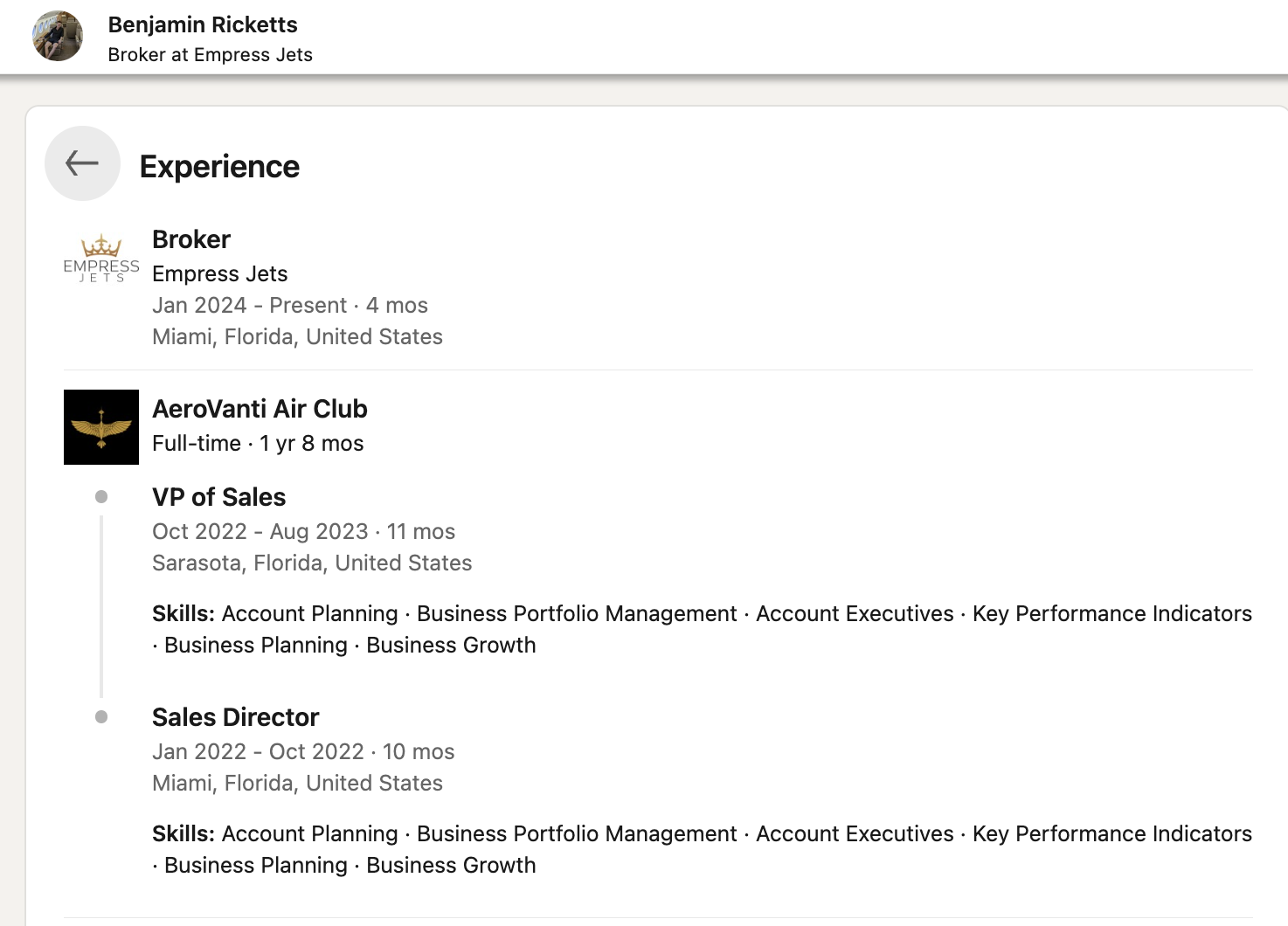 What happened to AeroVanti Sales VP Ben Ricketts?